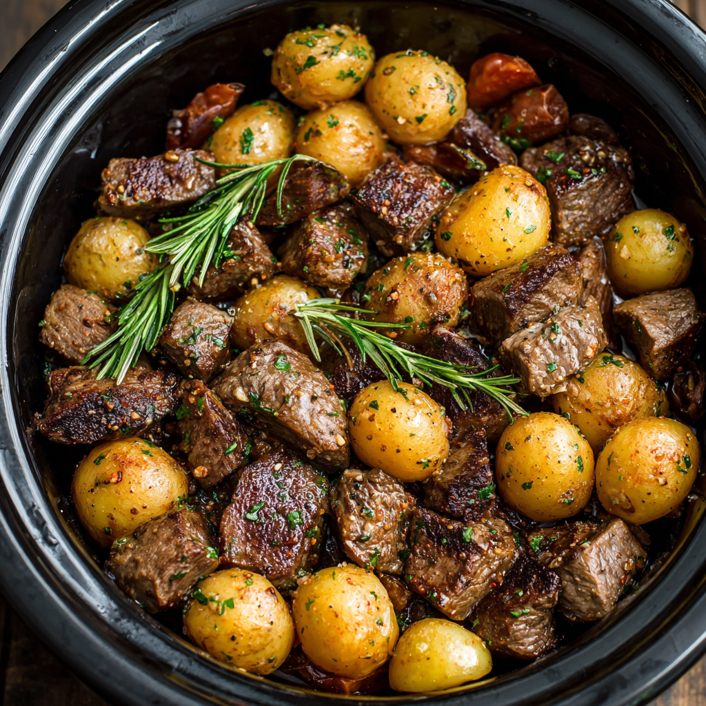 High-Protein Slow Cooker Garlic Butter Beef Bites with Potatoes - The ...