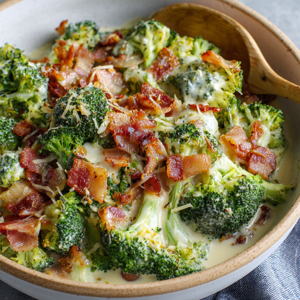 Creamy Garlic Parmesan Broccoli & Bacon - The recipe mingle