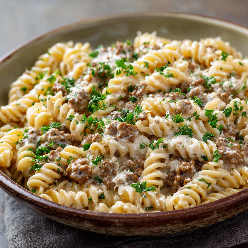 Beef and Rotini in Garlic Parmesan Sauce - The recipe mingle