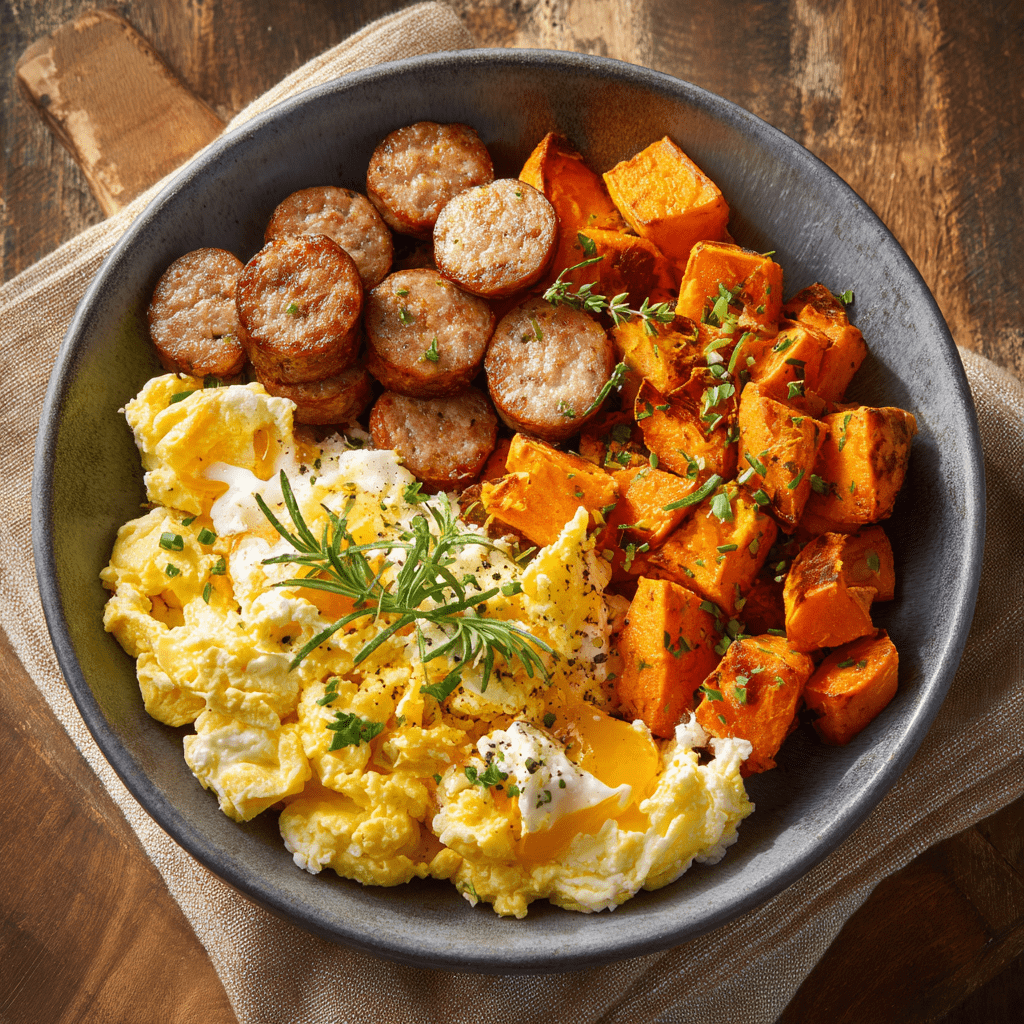 Balanced Breakfast Bowl : Chicken Sausage, Scrambled Eggs & Sweet ...