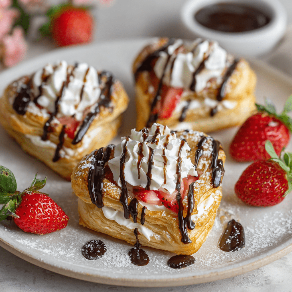 Strawberry Puff Pastry Hearts with Cream & Chocolate Drizzle - The ...